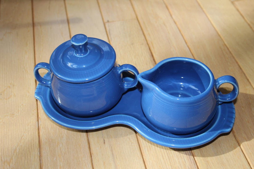 Fiesta Fiestaware Lapis Blue Sugar Bowl and Creamer Figure Eight Tray ...