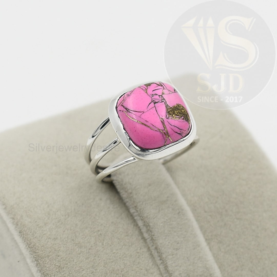 Pink Copper Turquoise Ring, 925 Sterling Silver Ring, 12 Mm Cushion ...