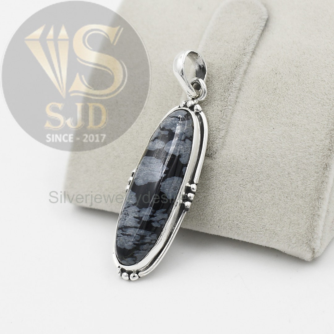Snowflake Obsidian Pendant, 925 Sterling Silver, 10x30 Mm Long Oval ...