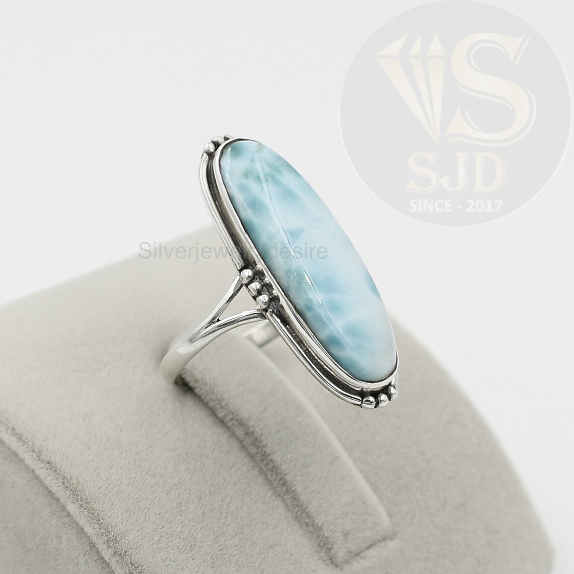 Larimar Ring: Long Oval Stone, 925 Sterling Silver, Boho Jewelry - Etsy