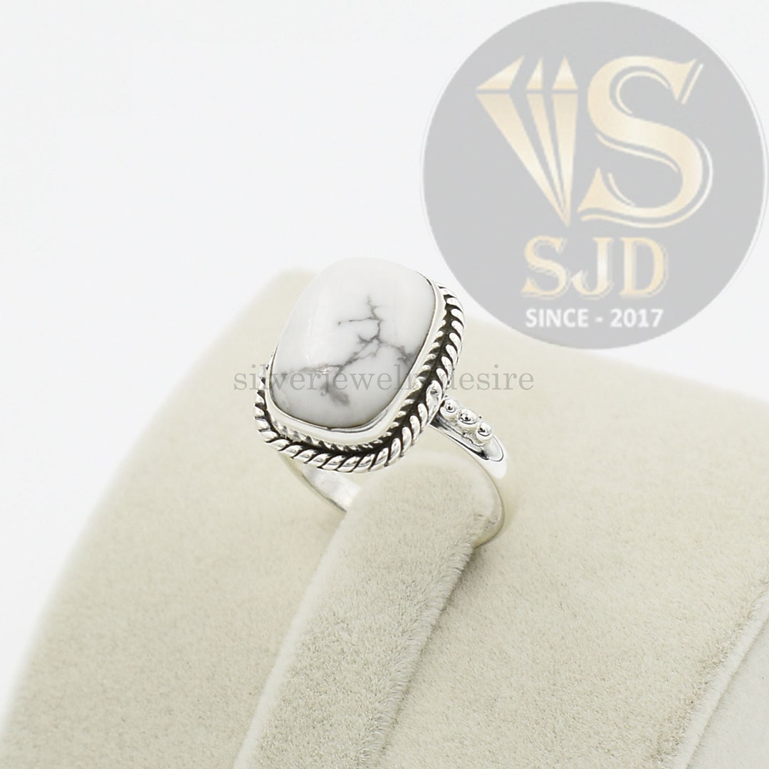 Howlite Ring, Sterling Silver, White Howlite 10x14 Mm Cushion Ring ...