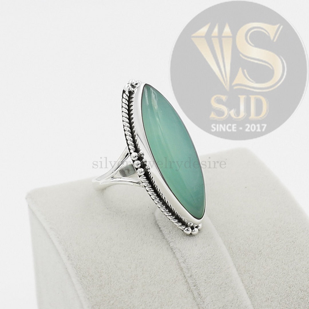 Chalcedony Ring, 925 Sterling Silver, Aqua Chalcedony Long Marquise ...