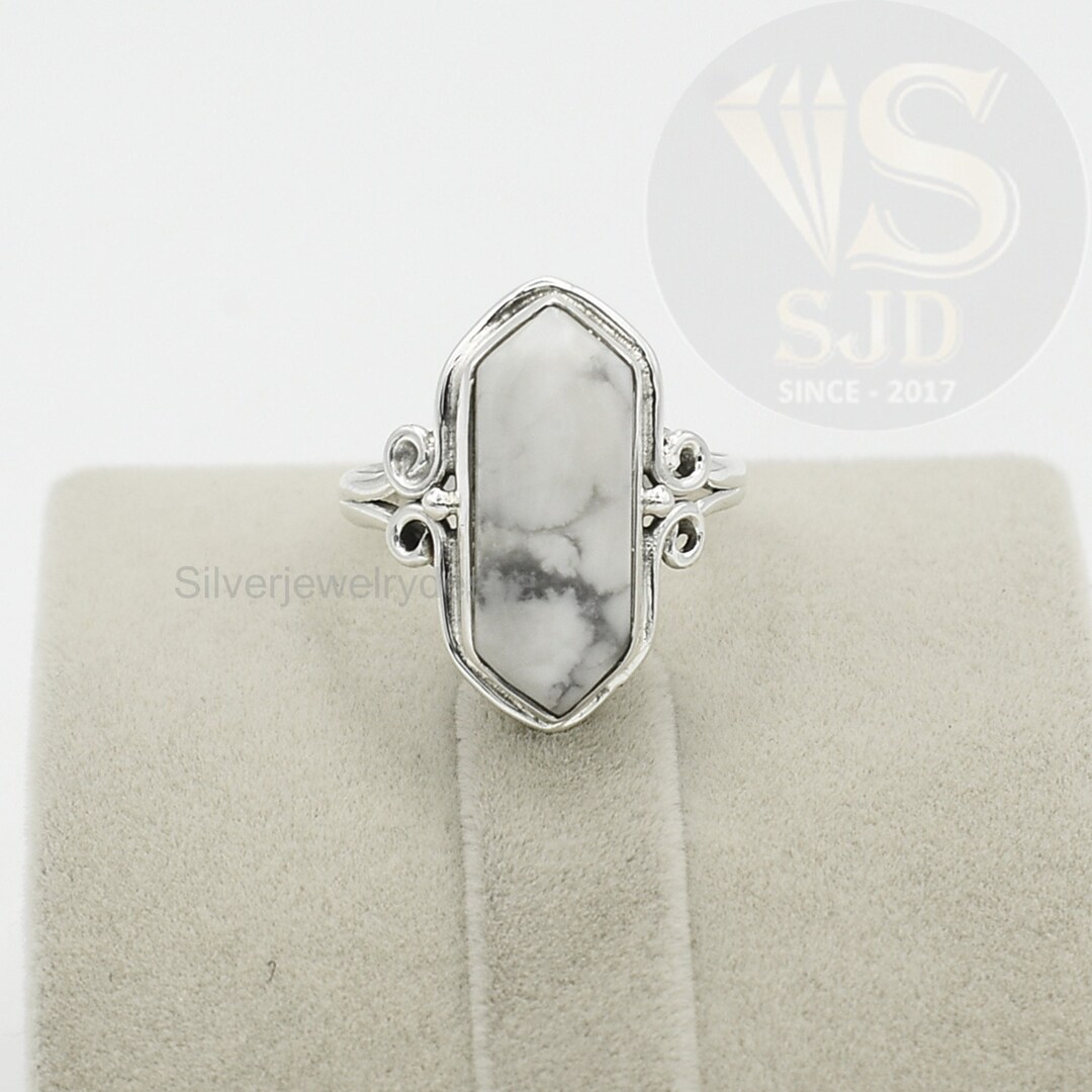 Howlite Ring, Sterling Silver Ring, White Howlite Ring, 10x30 Mm Long ...