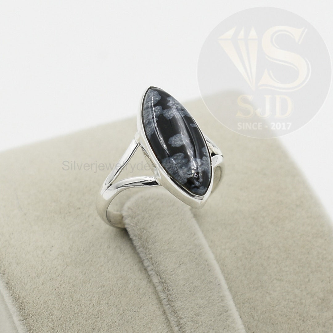 Snowflake Obsidian Ring: 925 Sterling Silver Marquise Boho Ring - Etsy