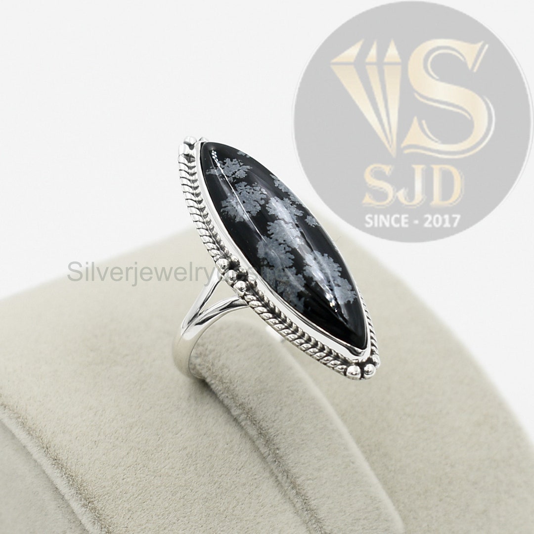 Snowflake Obsidian Ring: Sterling Silver Marquise Statement Ring - Etsy