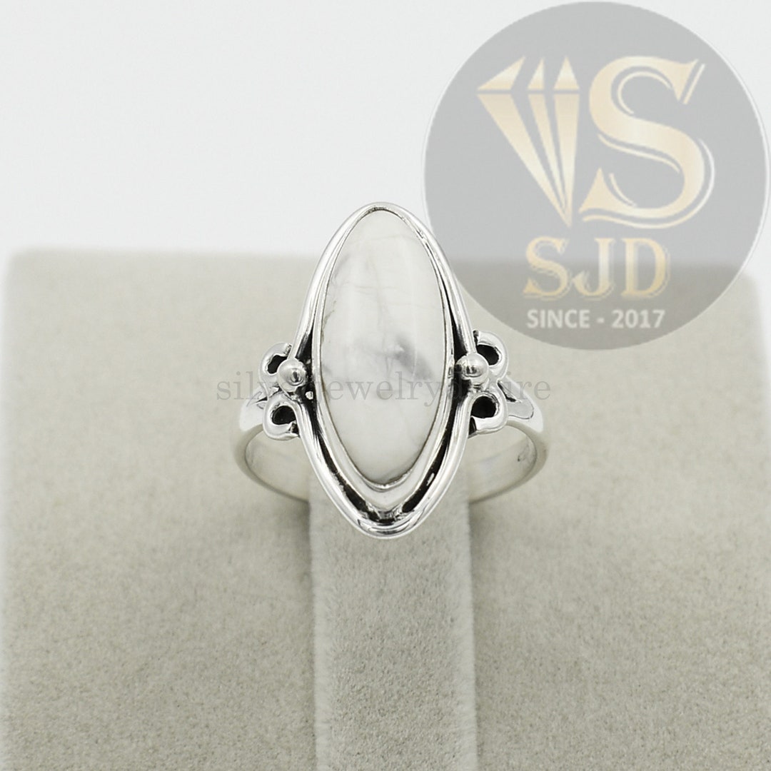 Sterling Silver Howlite Ring: Marquise White Stone Statement Ring - Etsy