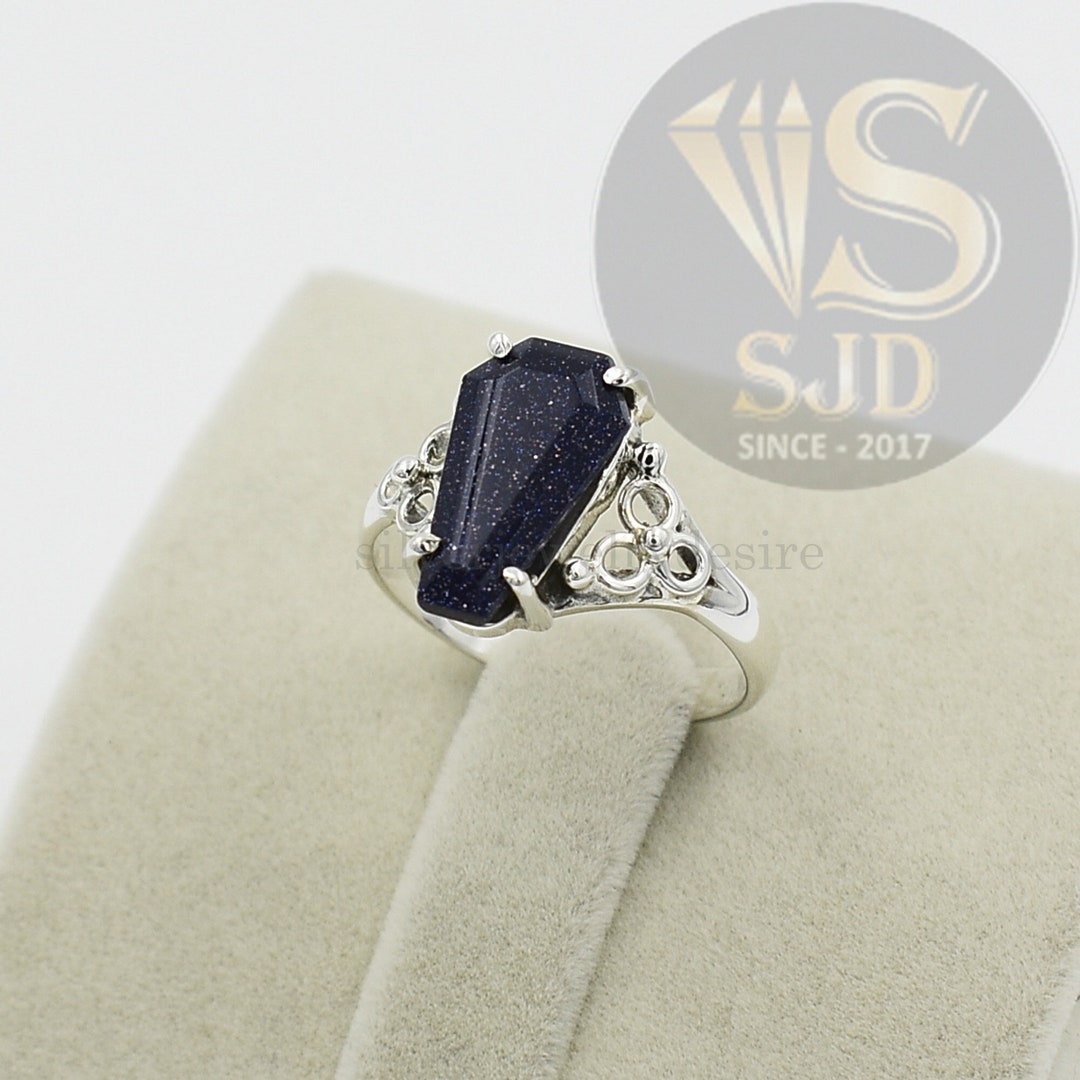 Coffin Ring, 925 Sterling Silver, Prong Ring, Blue Goldstone Coffin ...