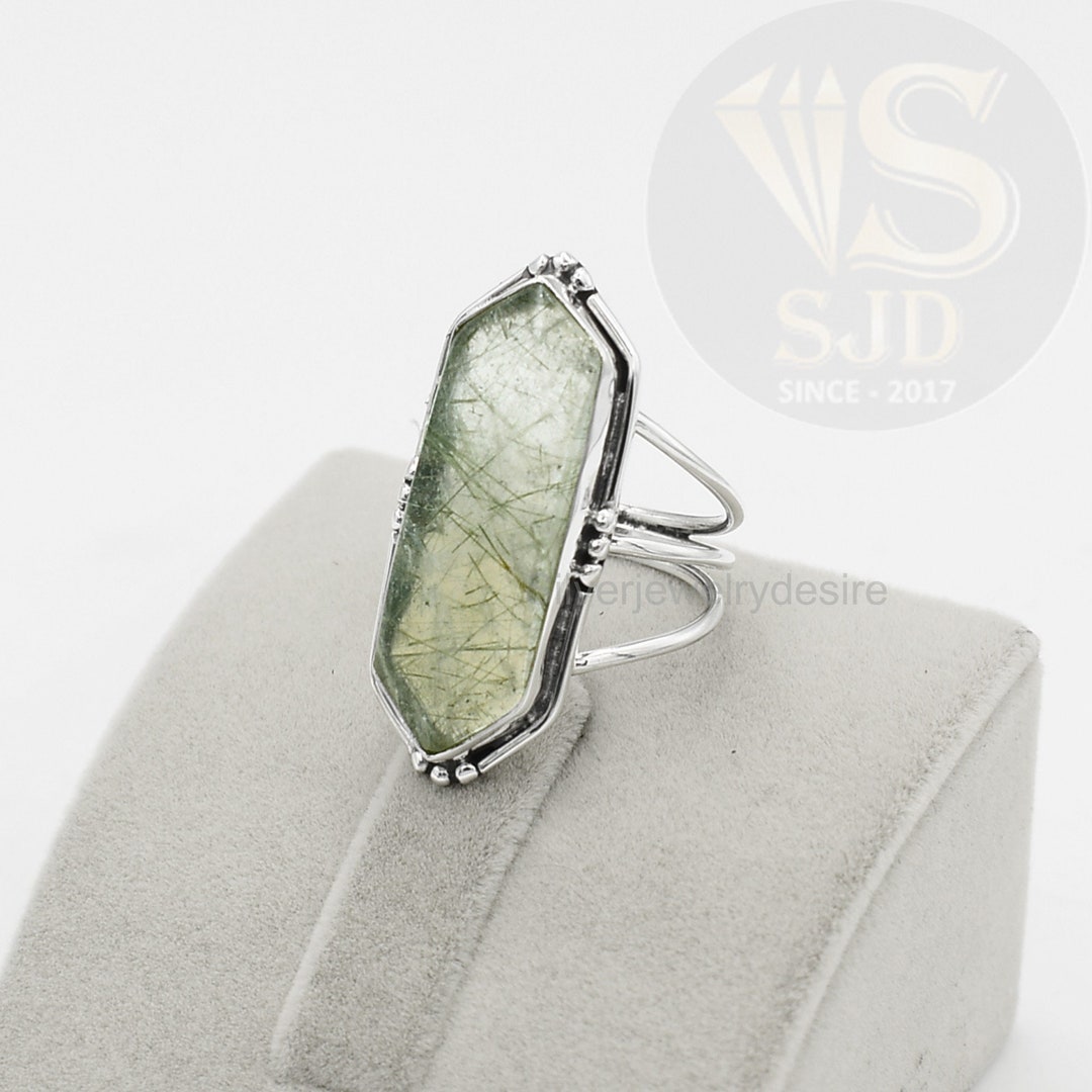 Rutilated Quartz Ring, 925 Sterling Silver, Green Rutile Quartz 10x30mm ...