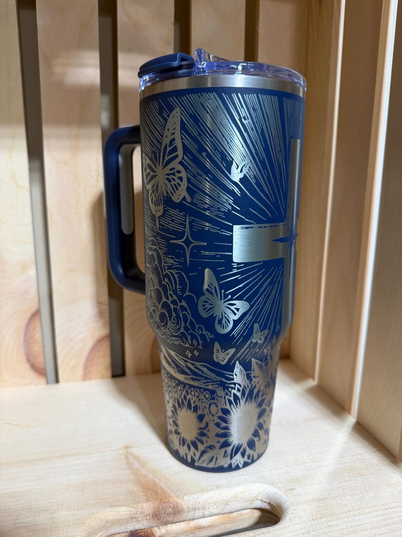 Pink Butterfly Cross 40oz Tumbler With Handle | Faith Inspired Engraved ...