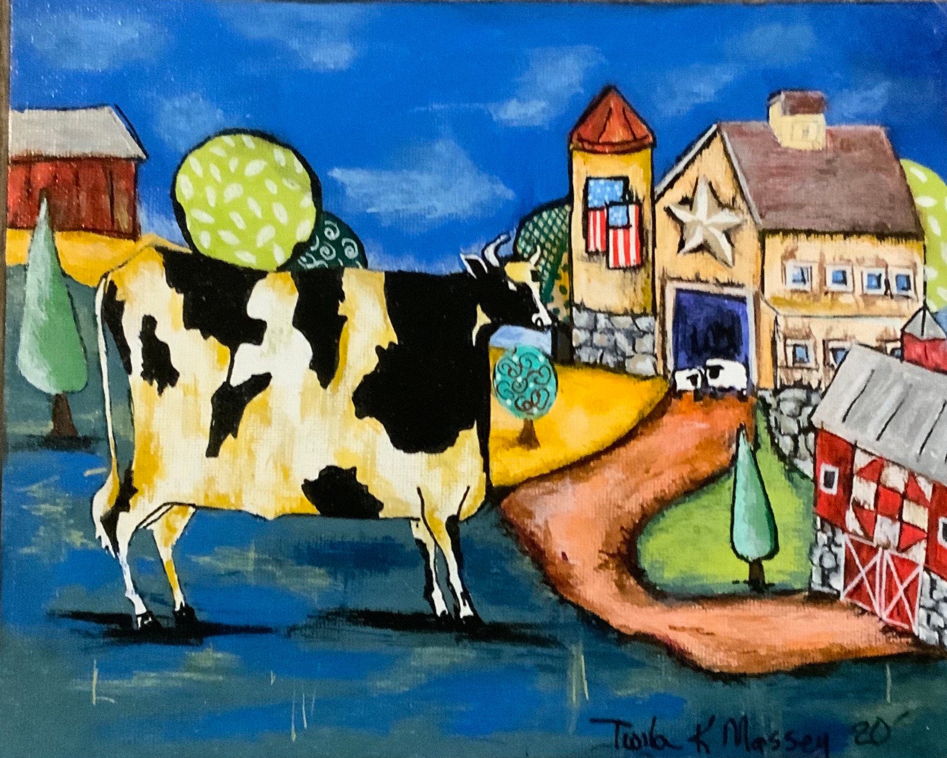 Country Cow original folk art painting primitive | Etsy