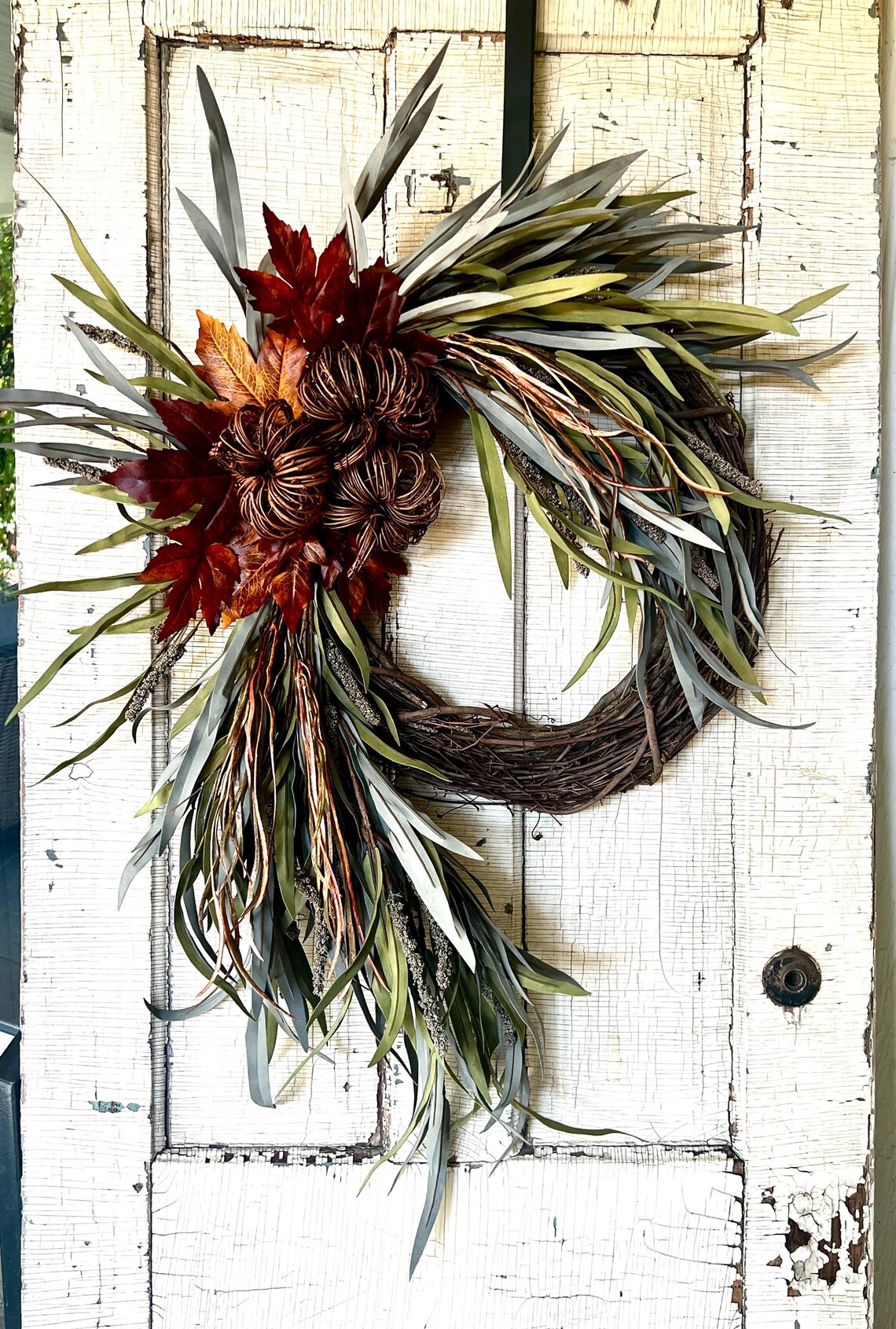 Neutral Fall Wreath for Front Door, Cascading Harvest Decor, Rustic ...