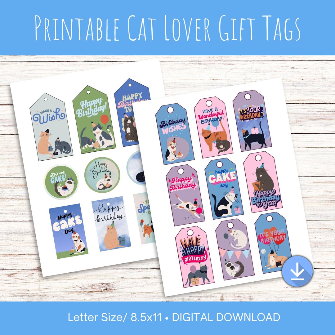 Cat Lover Birthday Gift Tags, Print at Home, Digital, Letter Size, 8.5 ...