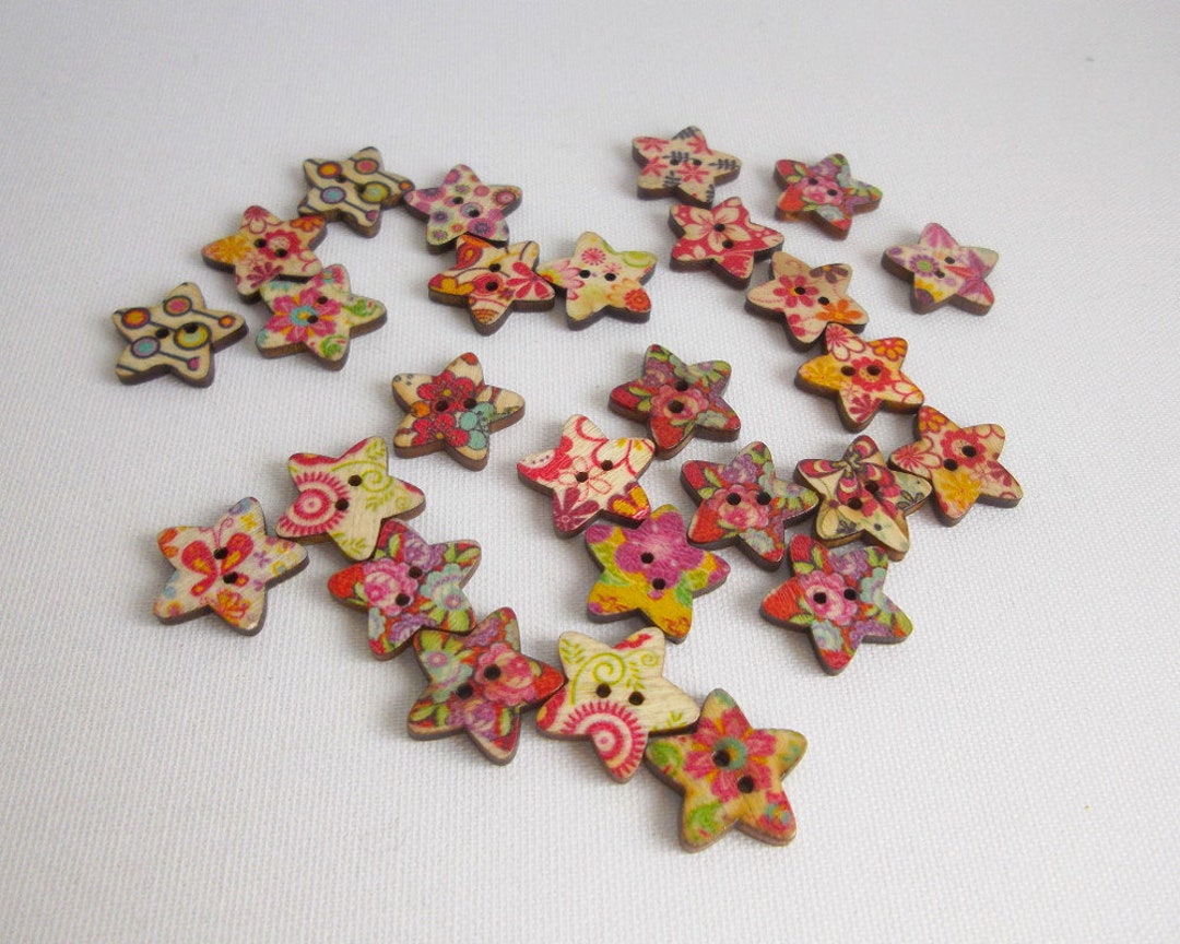 Star Buttons, Wooden Buttons, Craft Supplies, Wood Buttons, Set of 20 ...