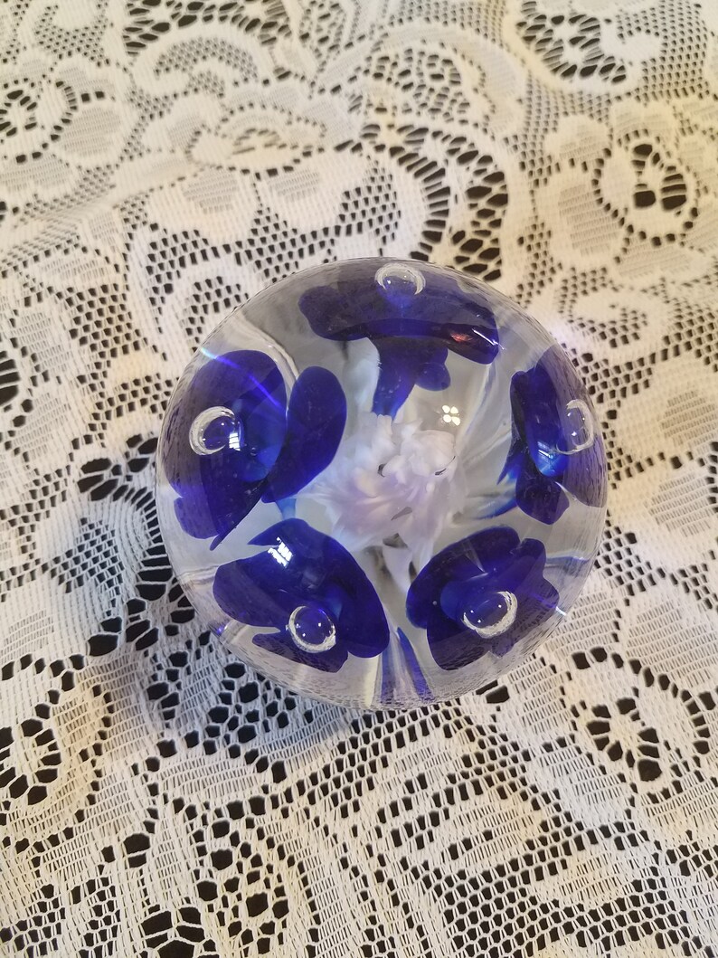 Round Glass Paperweight Blue Flowers With Strategic Bubbles | Etsy