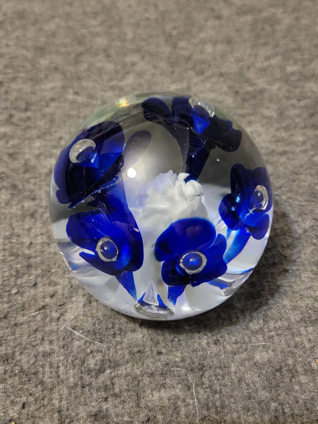 Round Glass Paperweight Blue Flowers With Strategic Bubbles and White ...
