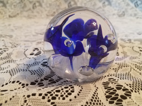 Round Glass Paperweight Blue Flowers With Strategic Bubbles | Etsy