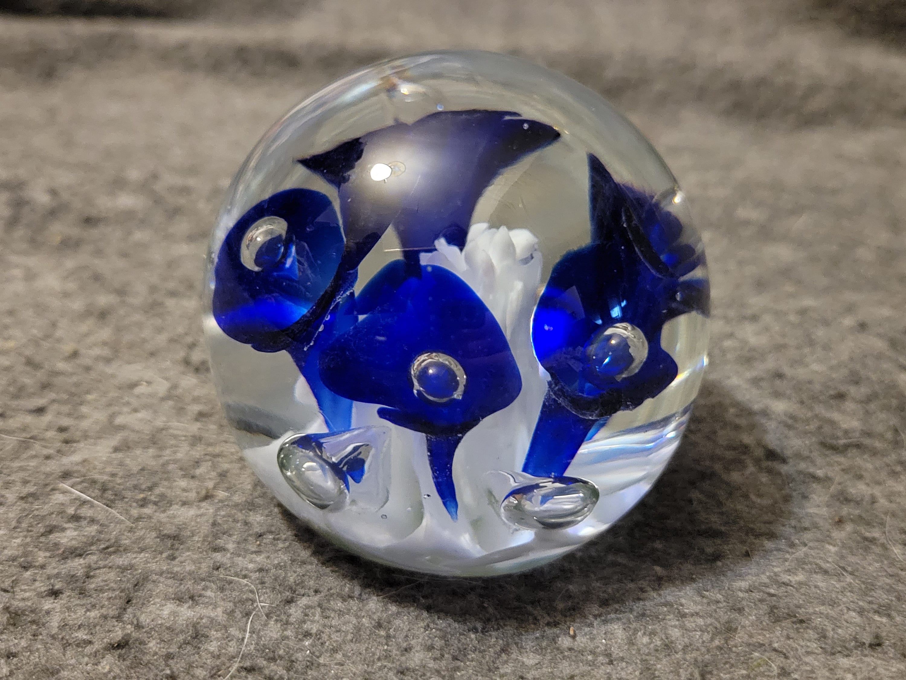 Round Glass Paperweight Blue Flowers With Strategic Bubbles - Etsy