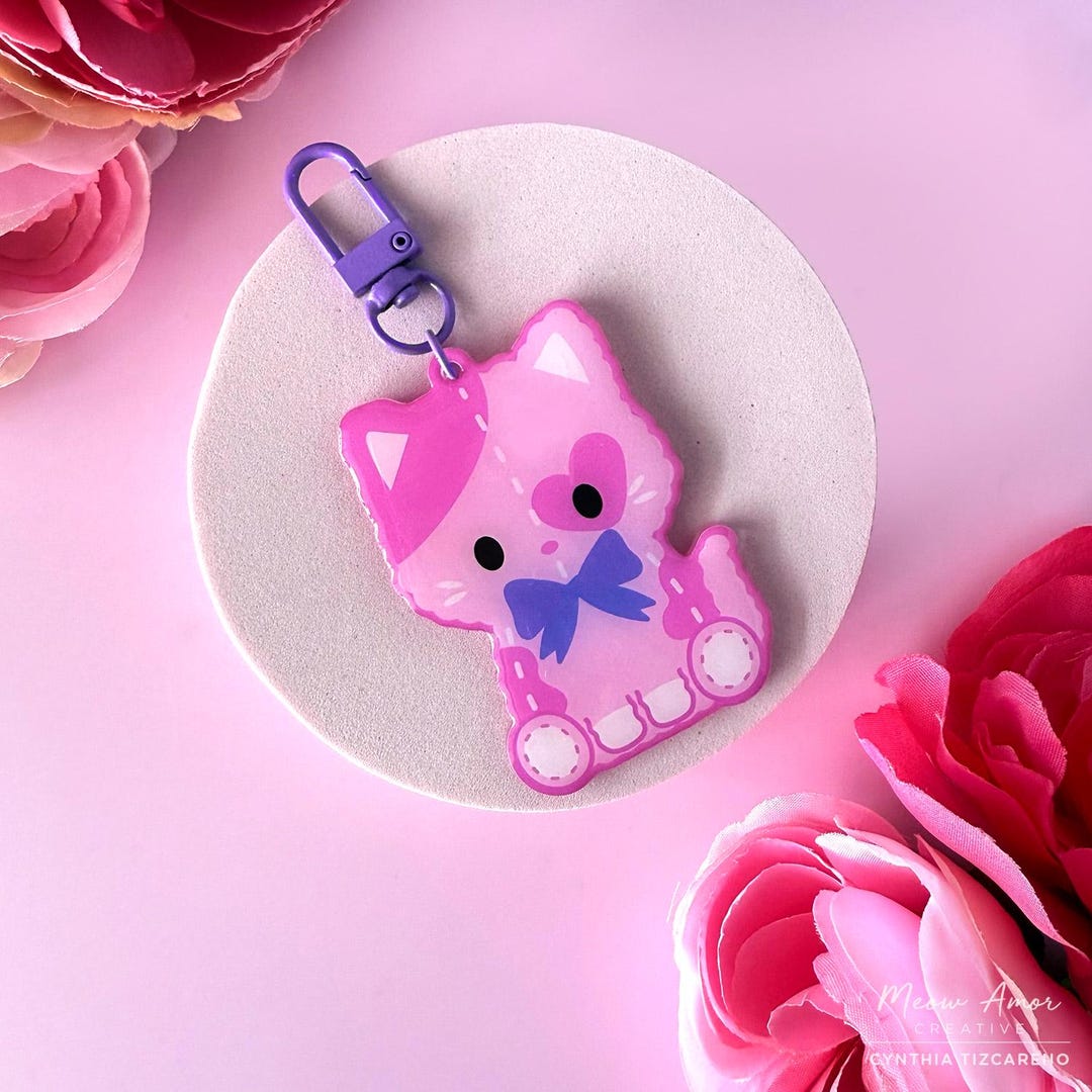 Pink Cat Plushie Acrylic Charm Keychain - Etsy
