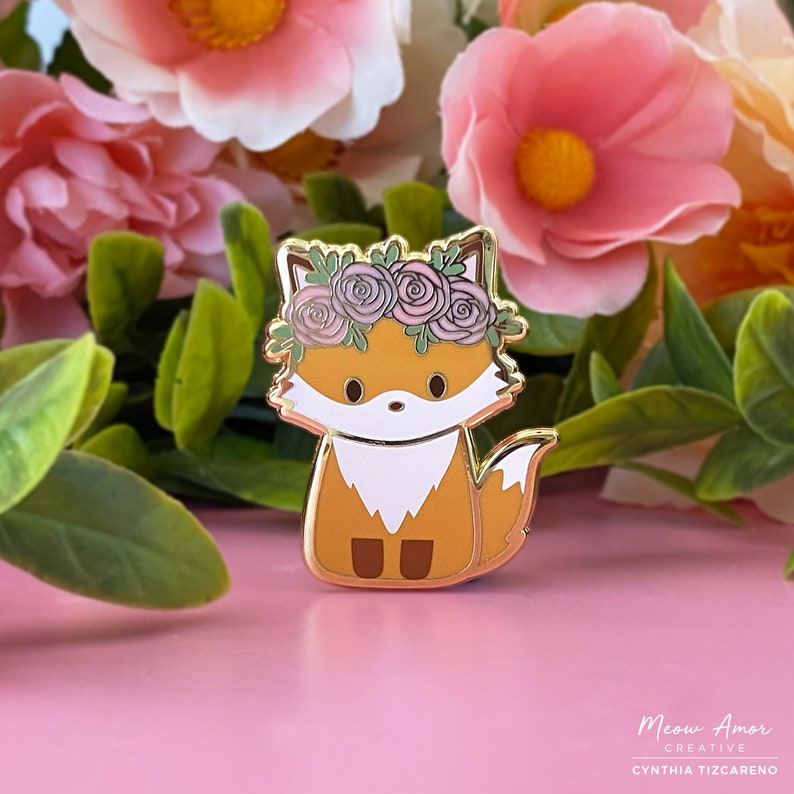Rose Flower Crown Fox Enamel Pin - Cute Fox Pin With Floral Crown ...