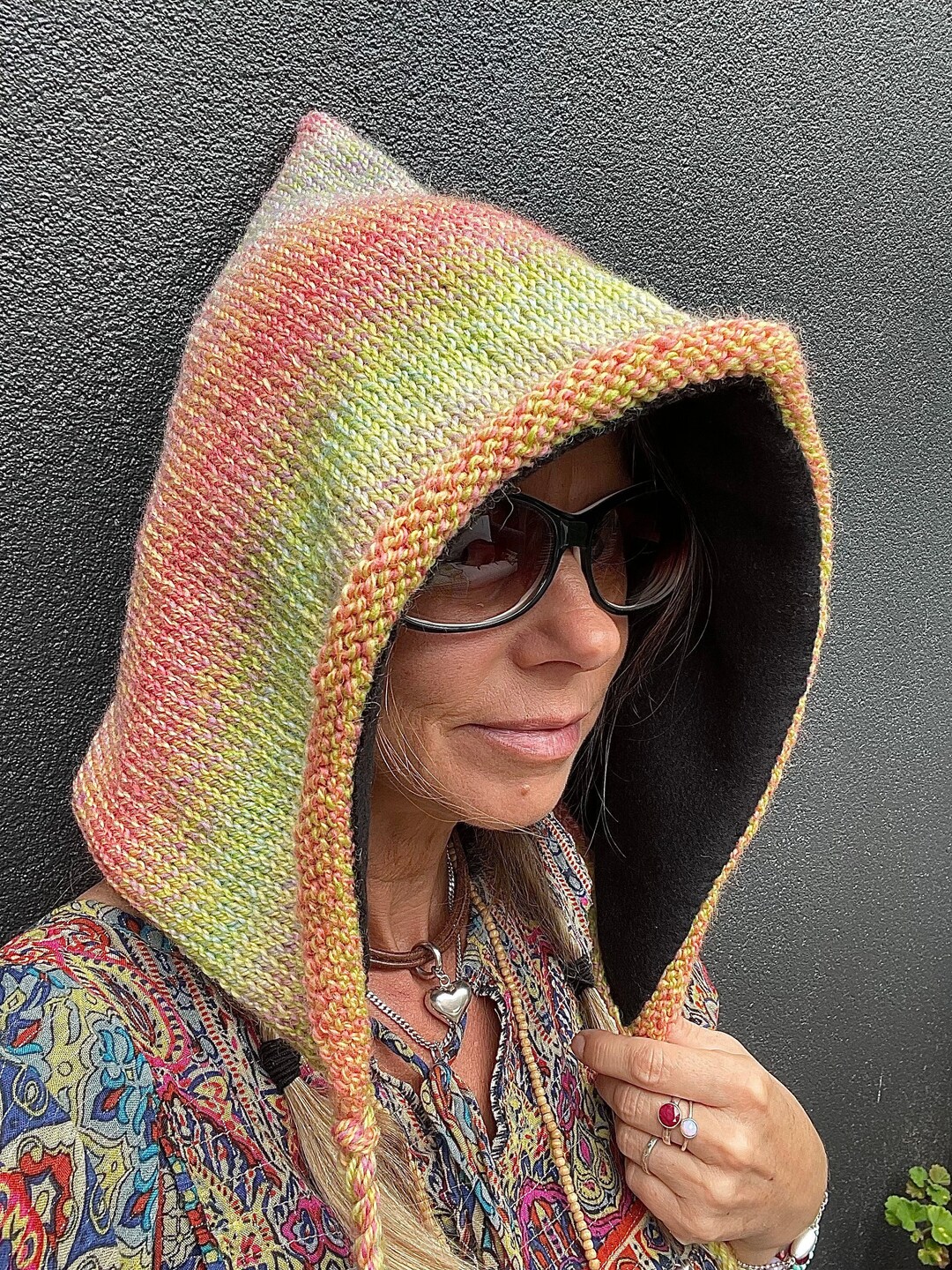 Pixie Hood With Plaits, Sunset Candy, Handmade, Fleece Lining, Knit Hat ...