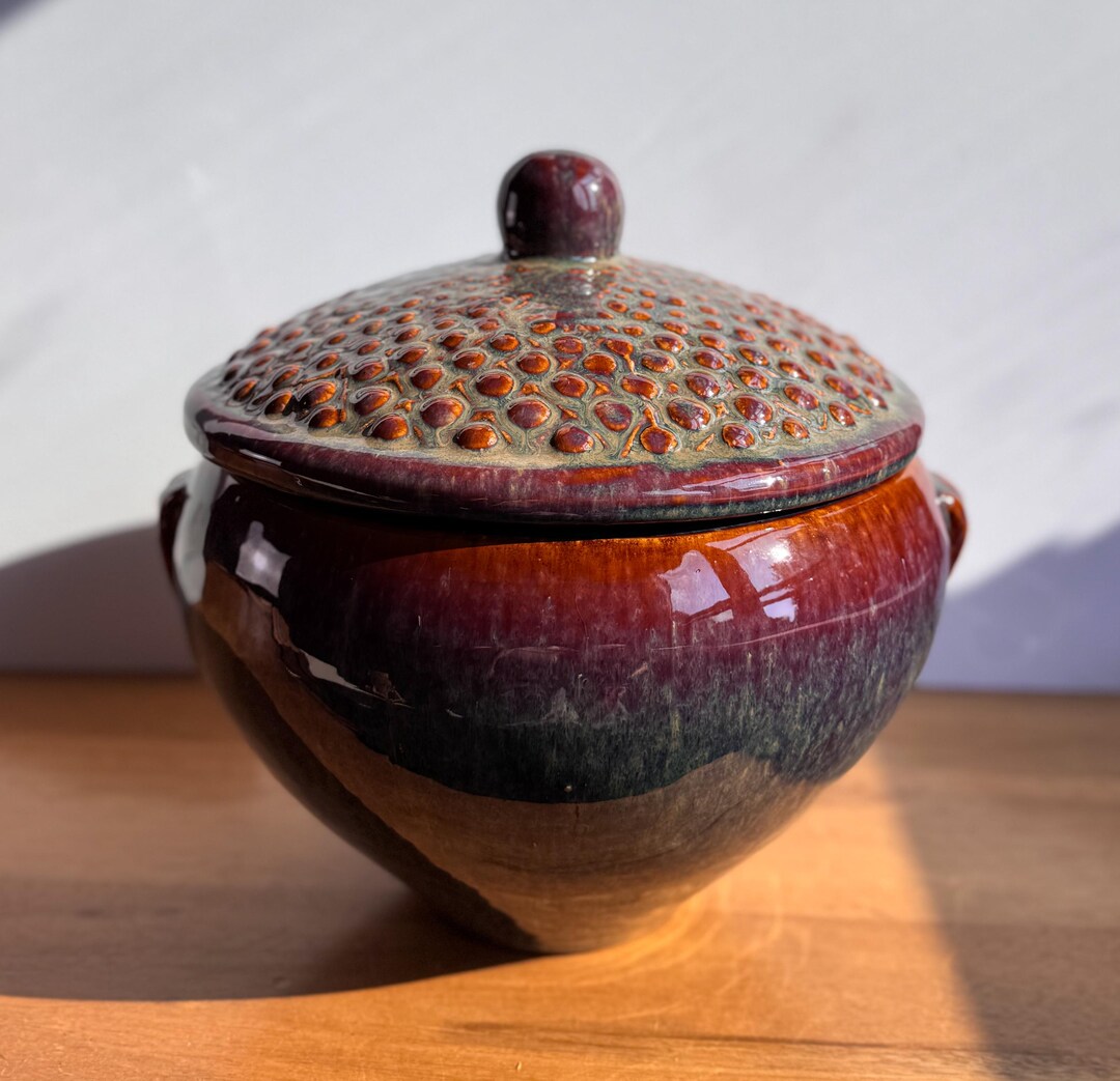 Large Vintage Pottery Bean Pot | Cookie Jar | Earth - Tones Glossy ...