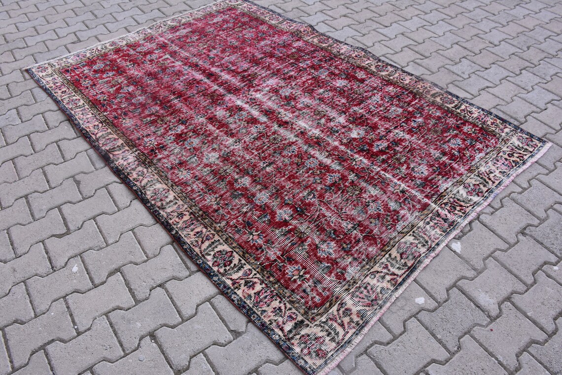 Turkish Vintage Rug Red Floral Rug Handmade Wool Rug | Etsy