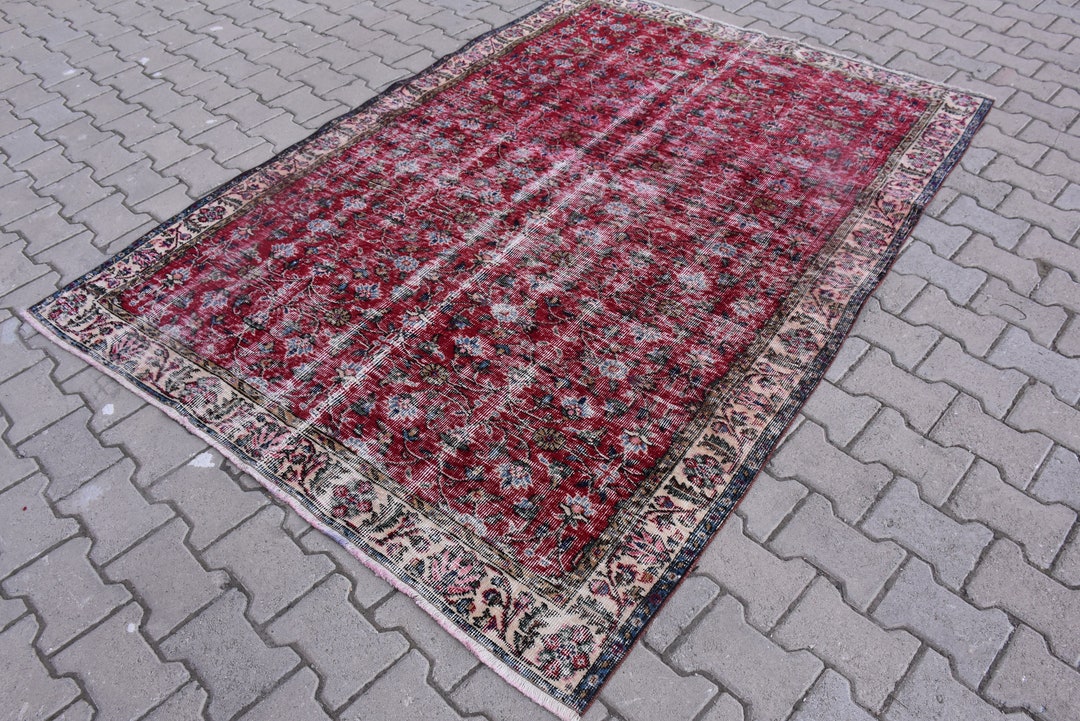 Turkish Vintage Rug, Red Floral Rug, Handmade Wool Rug, Bohemian Area ...