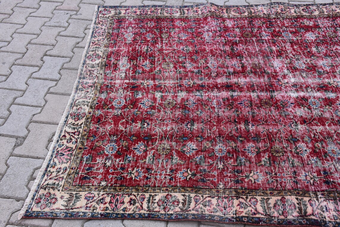 Turkish Vintage Rug Red Floral Rug Handmade Wool Rug | Etsy