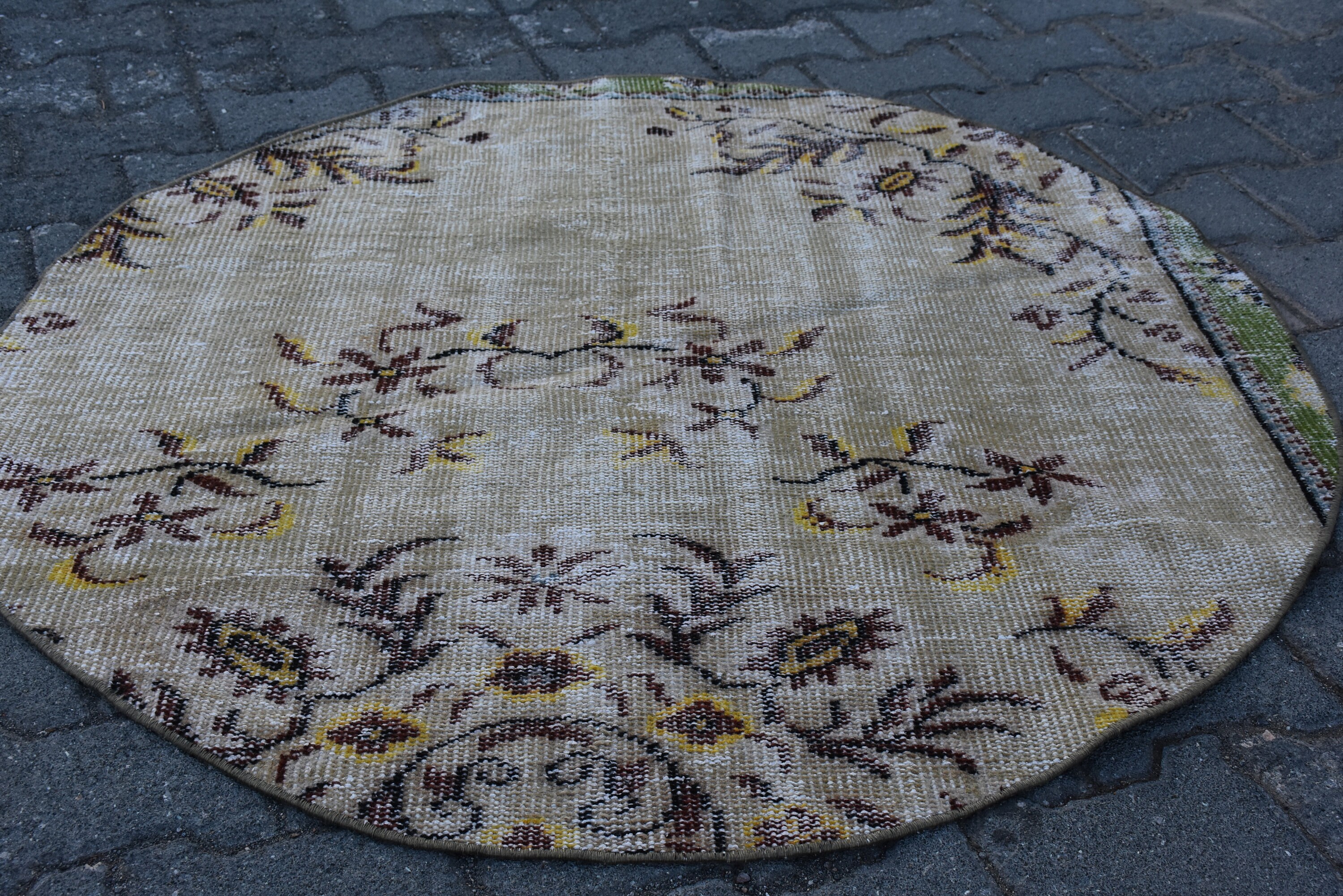 Turkish Small Rug, Vintage Round Rug, FREE SHIPPING 3.9 X 3.9 Ft Wool ...