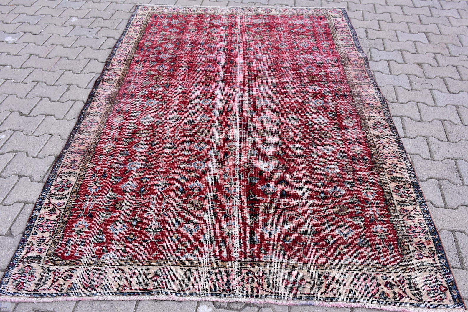 Turkish Vintage Rug Red Floral Rug Handmade Wool Rug | Etsy