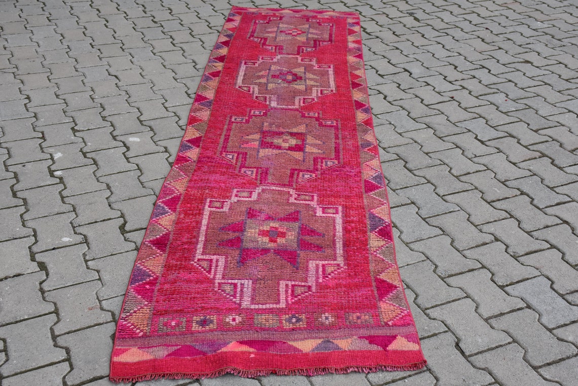 Pink turkish runner rug Entryway rug Vintage herki rug | Etsy