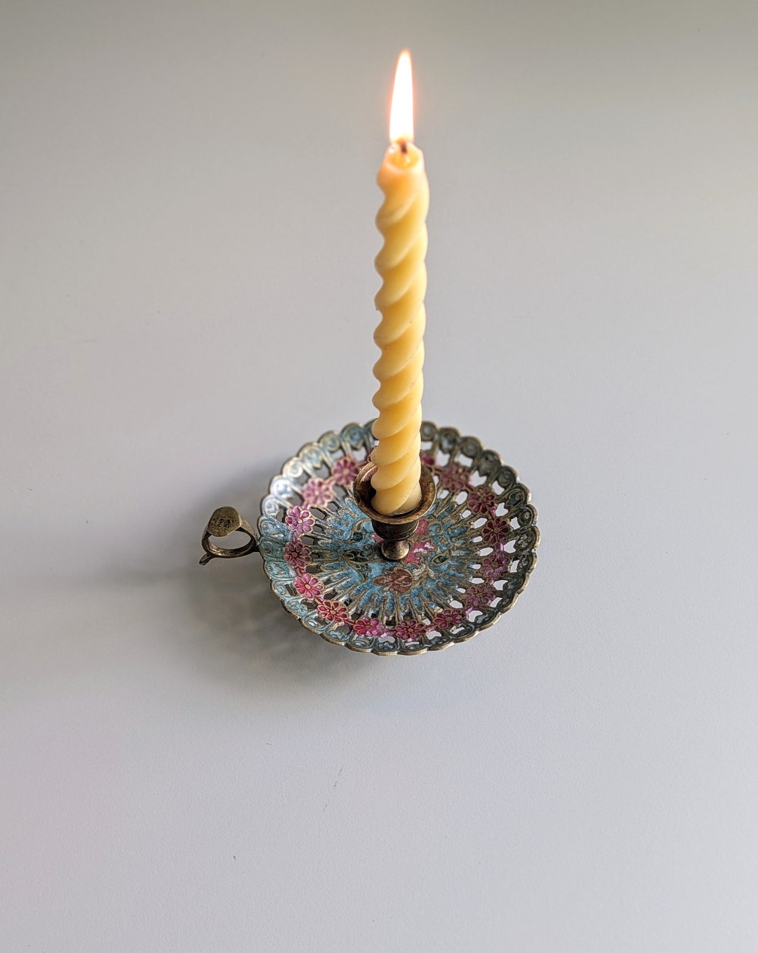 Vintage Brass Candlestick Holder With Handle & Floral Decorated - Etsy