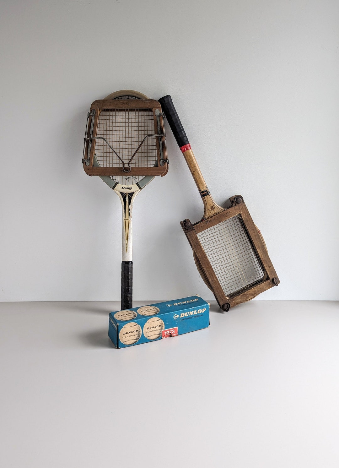 Set of Vintage Wooden Tennis Rackets With Wooden Frame Protector and ...