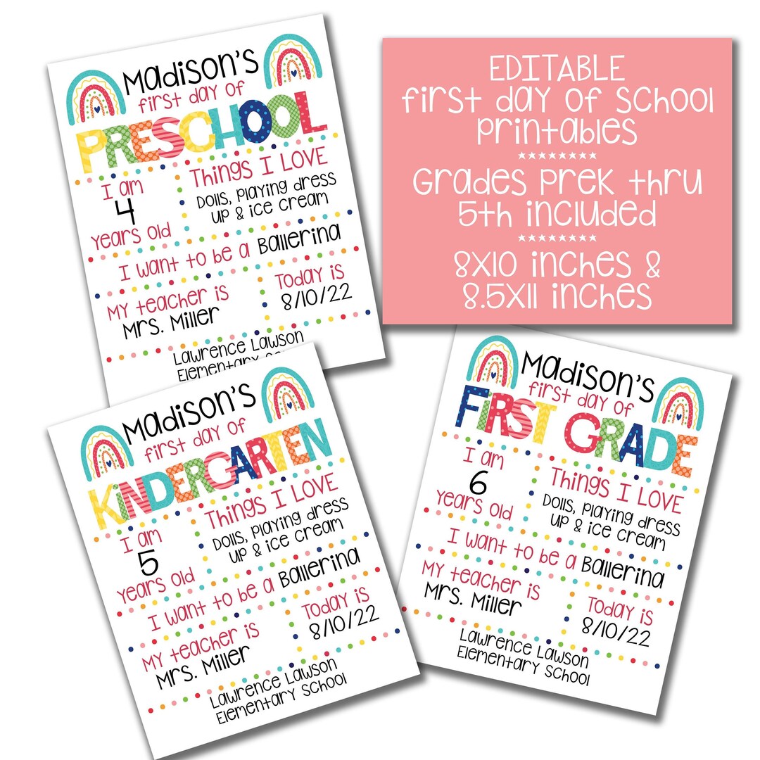 Rainbow First Day of School Sign, Editable Back to School Photo Prop ...
