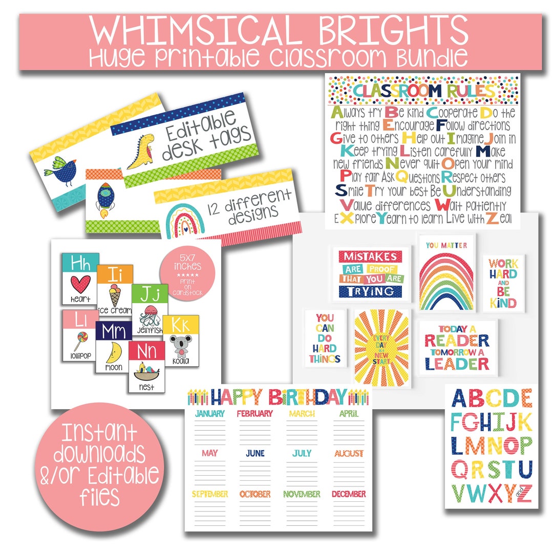 Colorful Classroom Decor Bundle, Elementary Teacher Art, Class Birthday ...