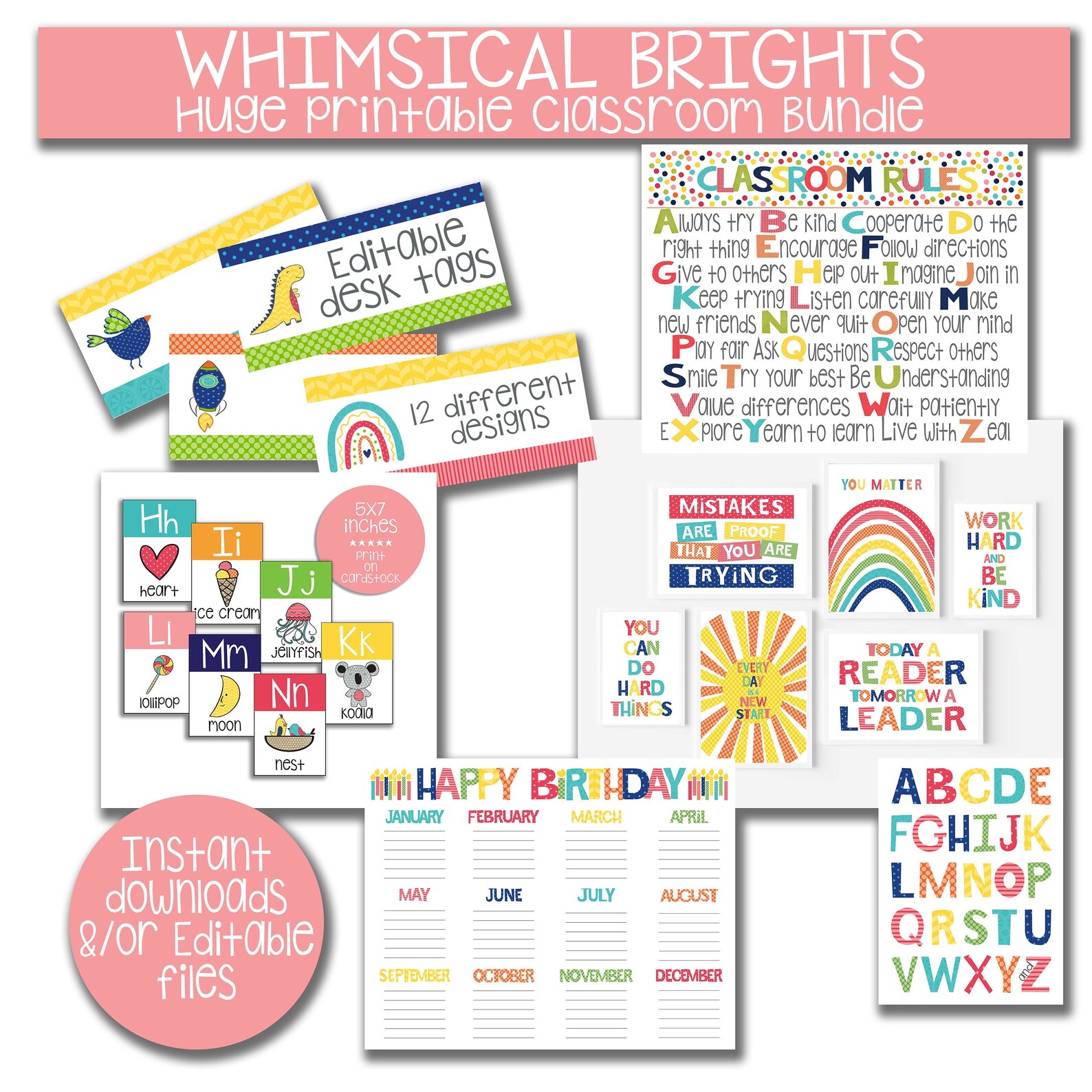 Colorful Classroom Decor Bundle, Elementary Teacher Art, Class Birthday ...