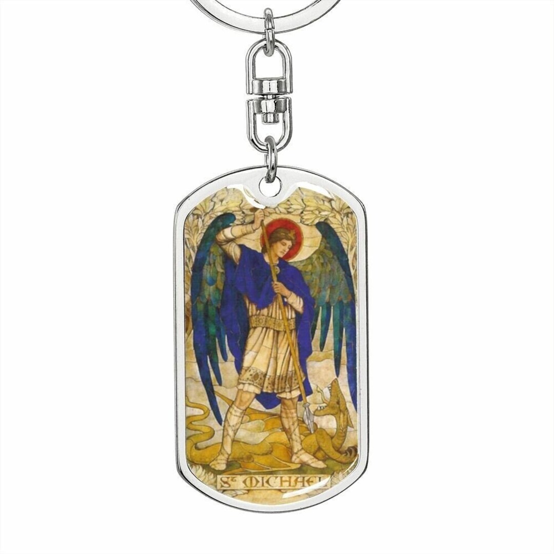 St Michael Medal Dog Tag Keychain, Stainless Steel Pendant Key Chain - Etsy