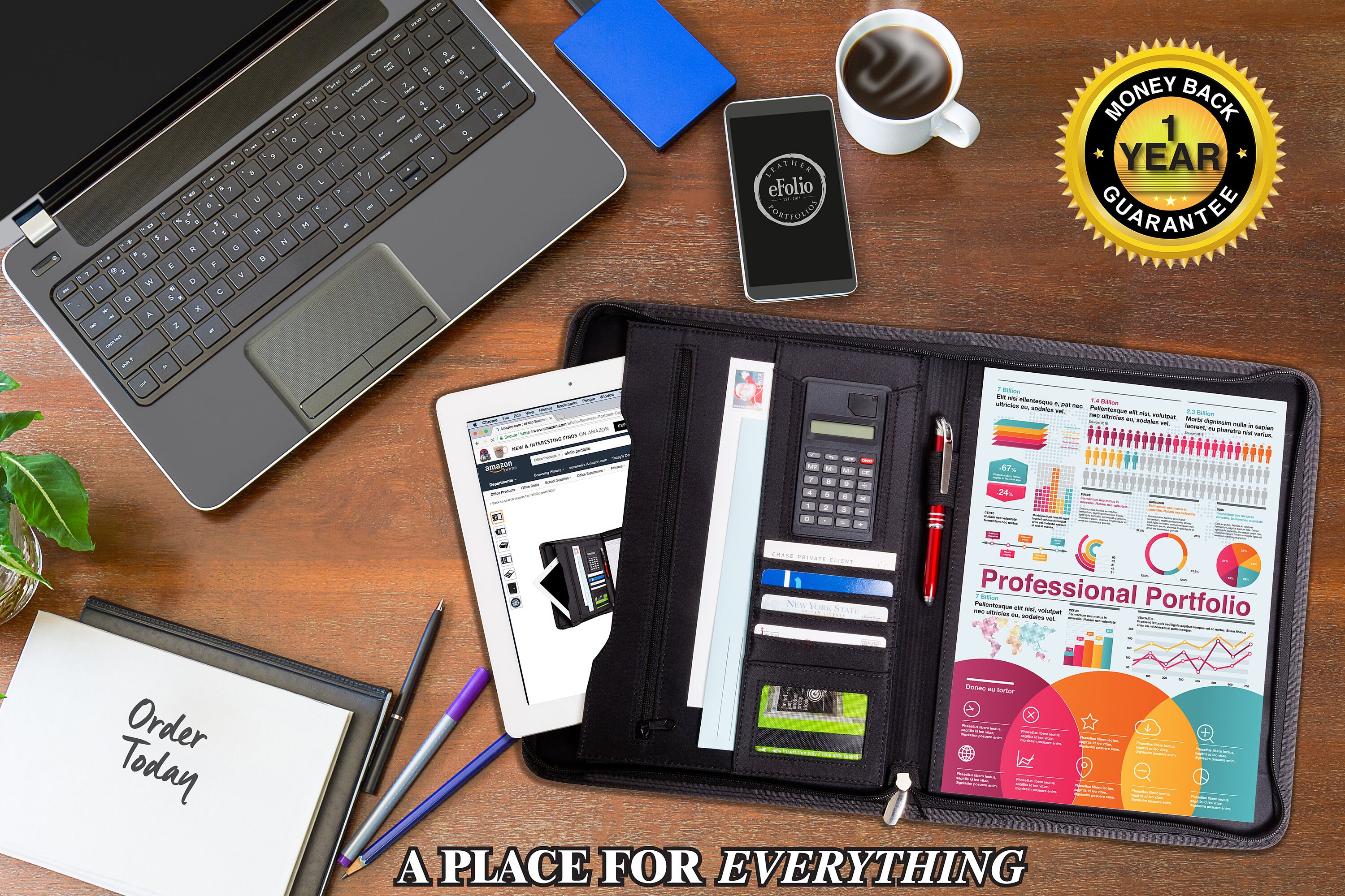 Leather Portfolio – Professional Business Zippered Portfolio - Pebble ...