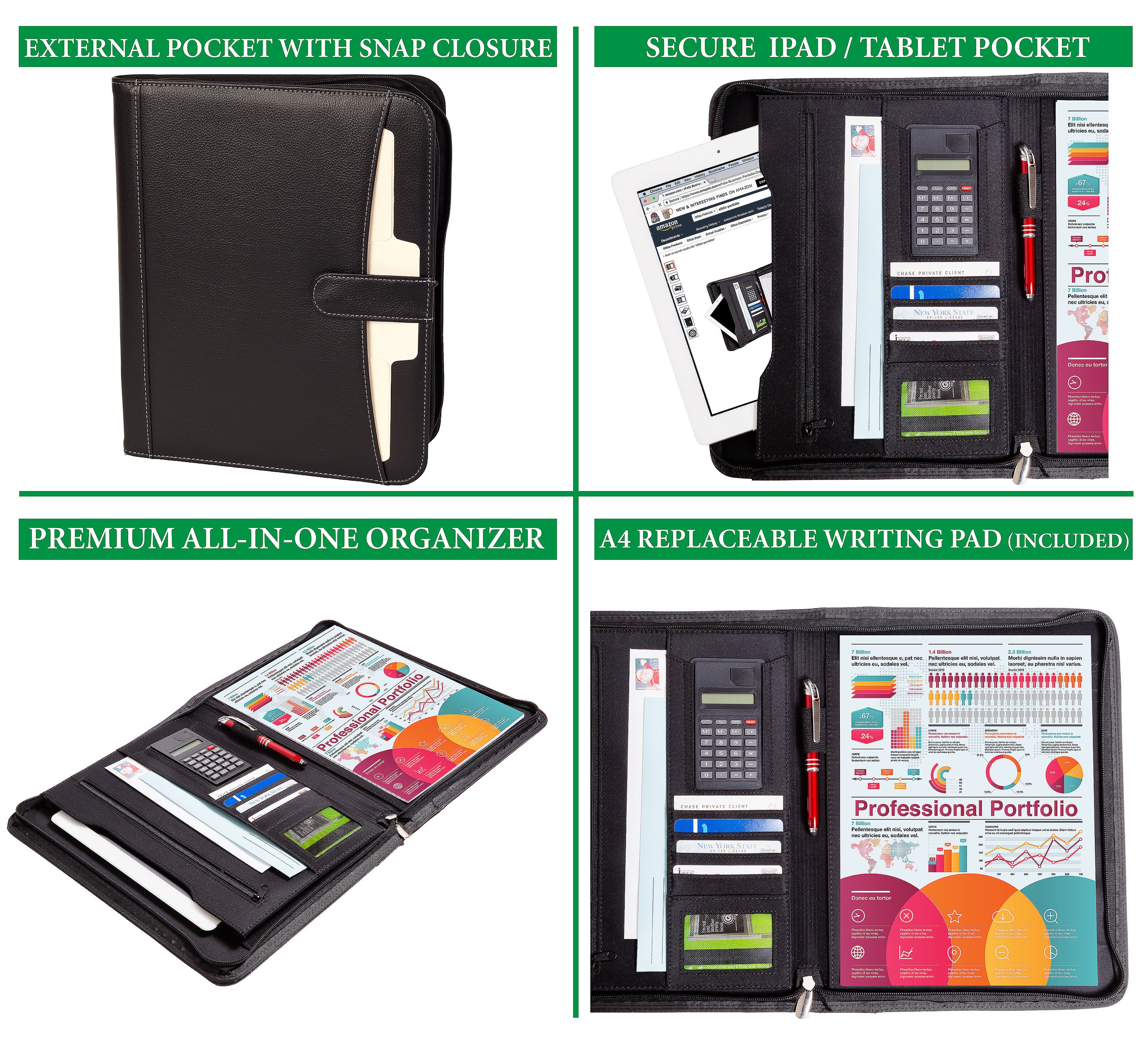 Leather Portfolio – Professional Business Zippered Portfolio - Pebble ...