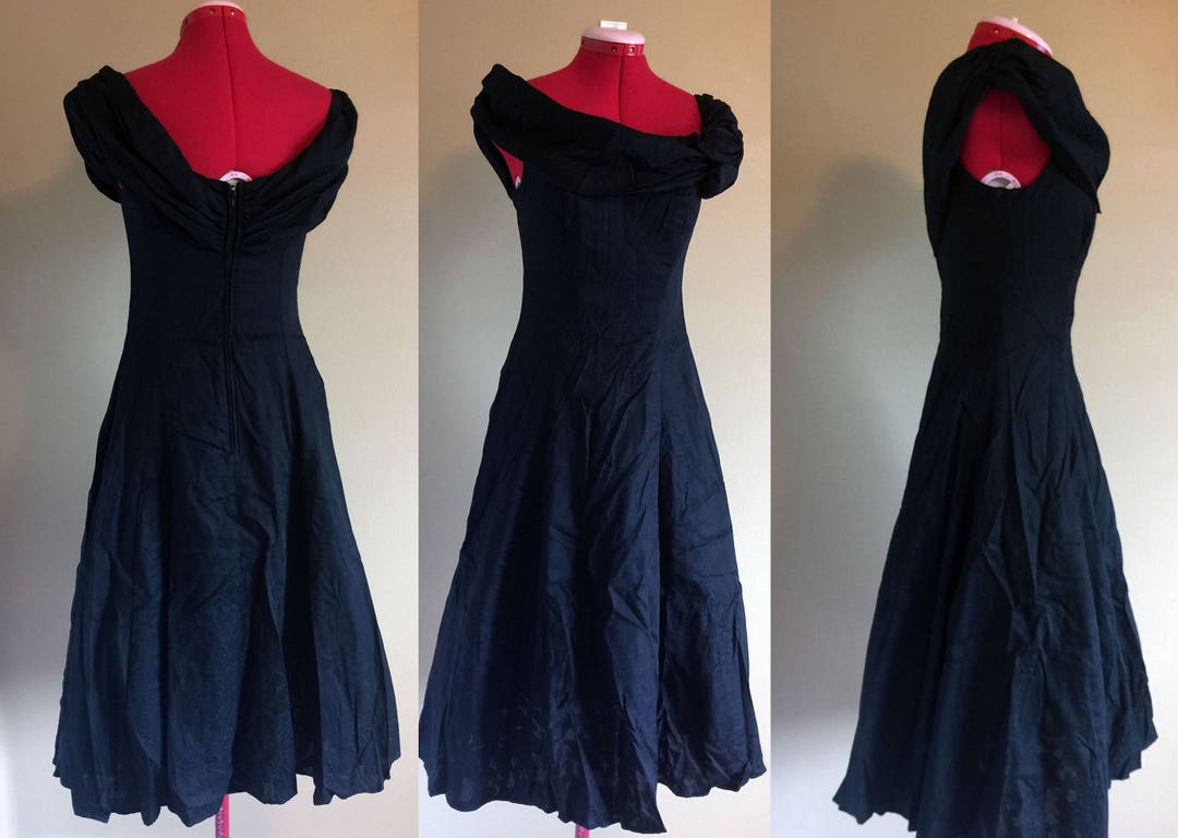 Vintage Off-the-shoulder Black Dress With Floral Accent Midi Cotton ...