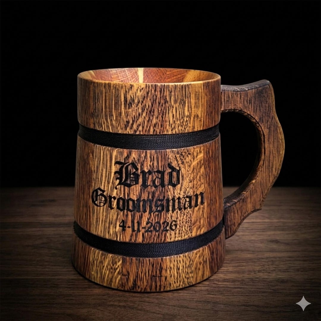 Groomsmen Gifts Personalized Beer Mug, Custom Engraved Oak Tankard ...
