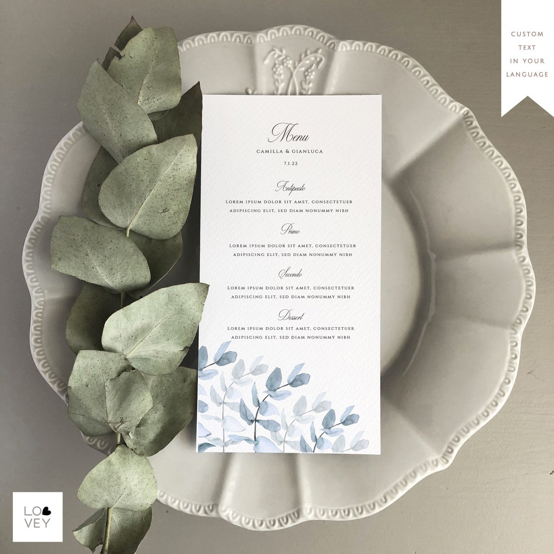 Printed Dusty Blu Leaves Wedding Menu, Blu Leaves Wedding Menu Template ...