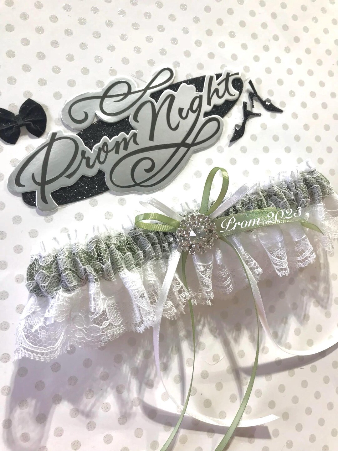 Sage /white Prom Garter With a Rhinestone. Prom Garters. - Etsy