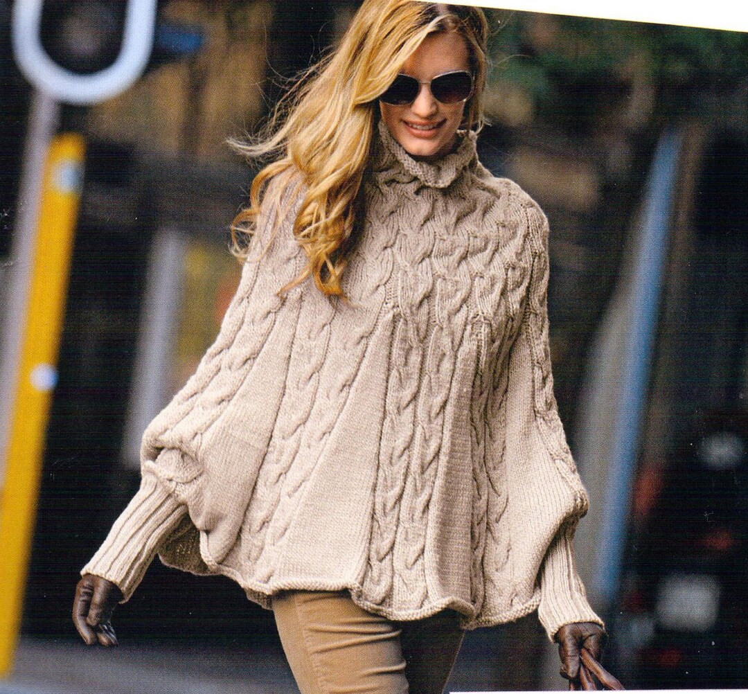 Aran Cable Poncho High Collar & Cuffs S/M M/L Knitting - Etsy
