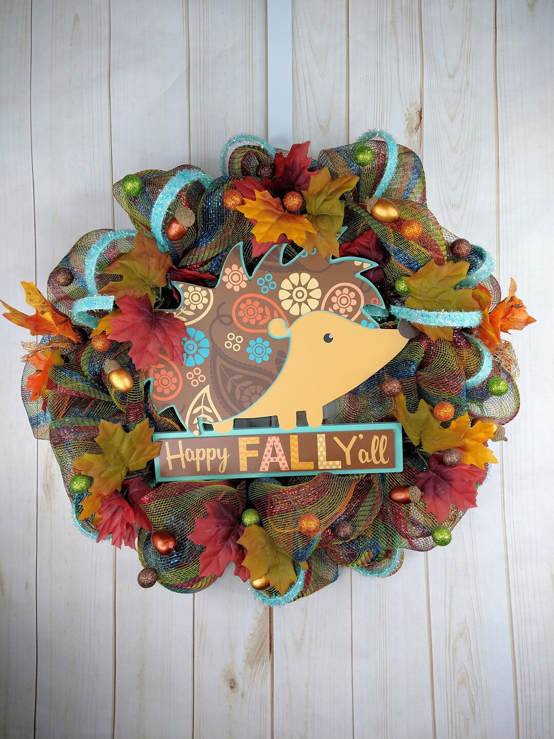 Hedgehog Fall Wreath: Turquoise Deco Mesh, Autumn Leaves - Etsy