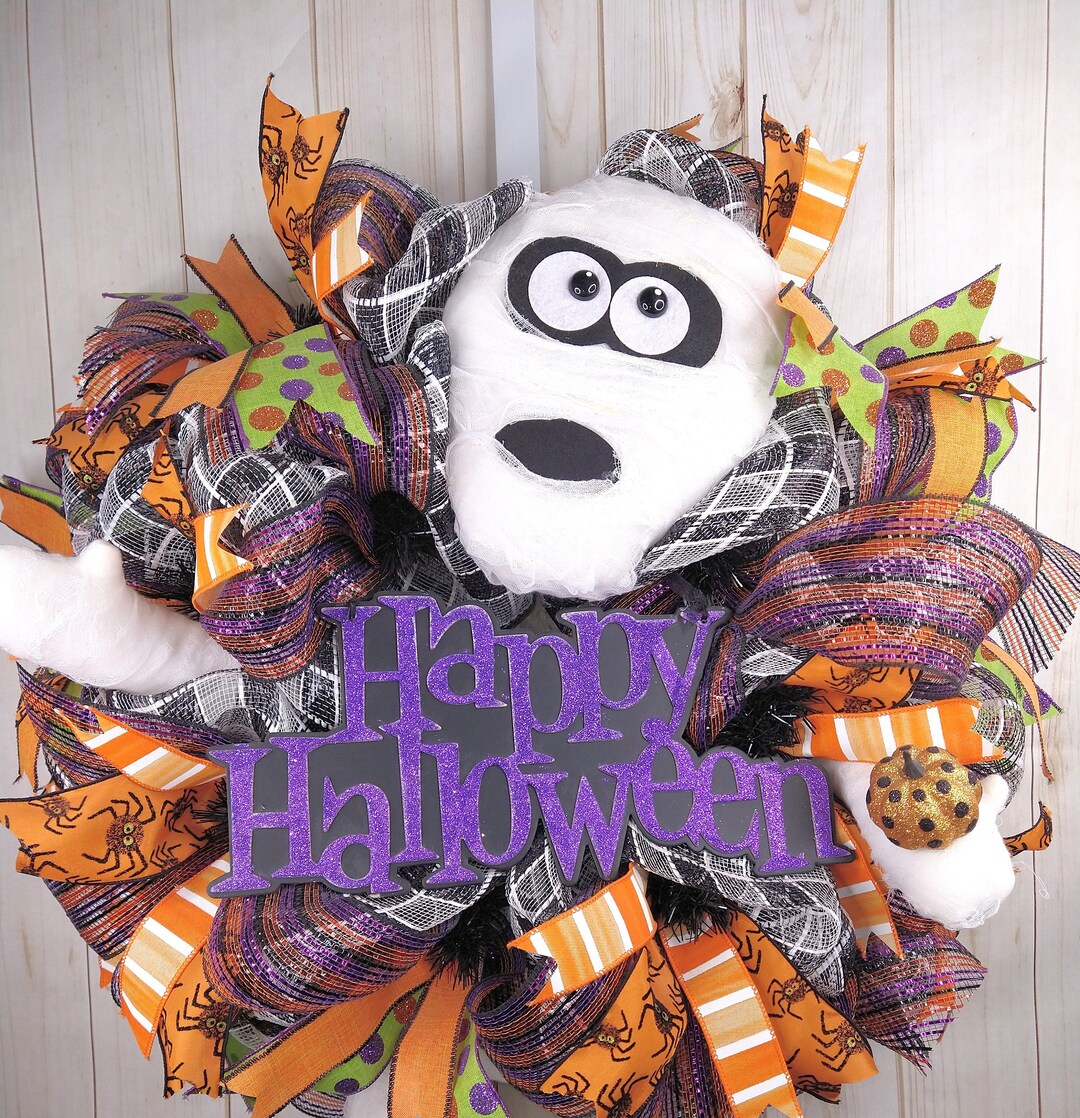 Halloween Mummy Wreath for Front Door or Porch, Happy Halloween Mummy ...