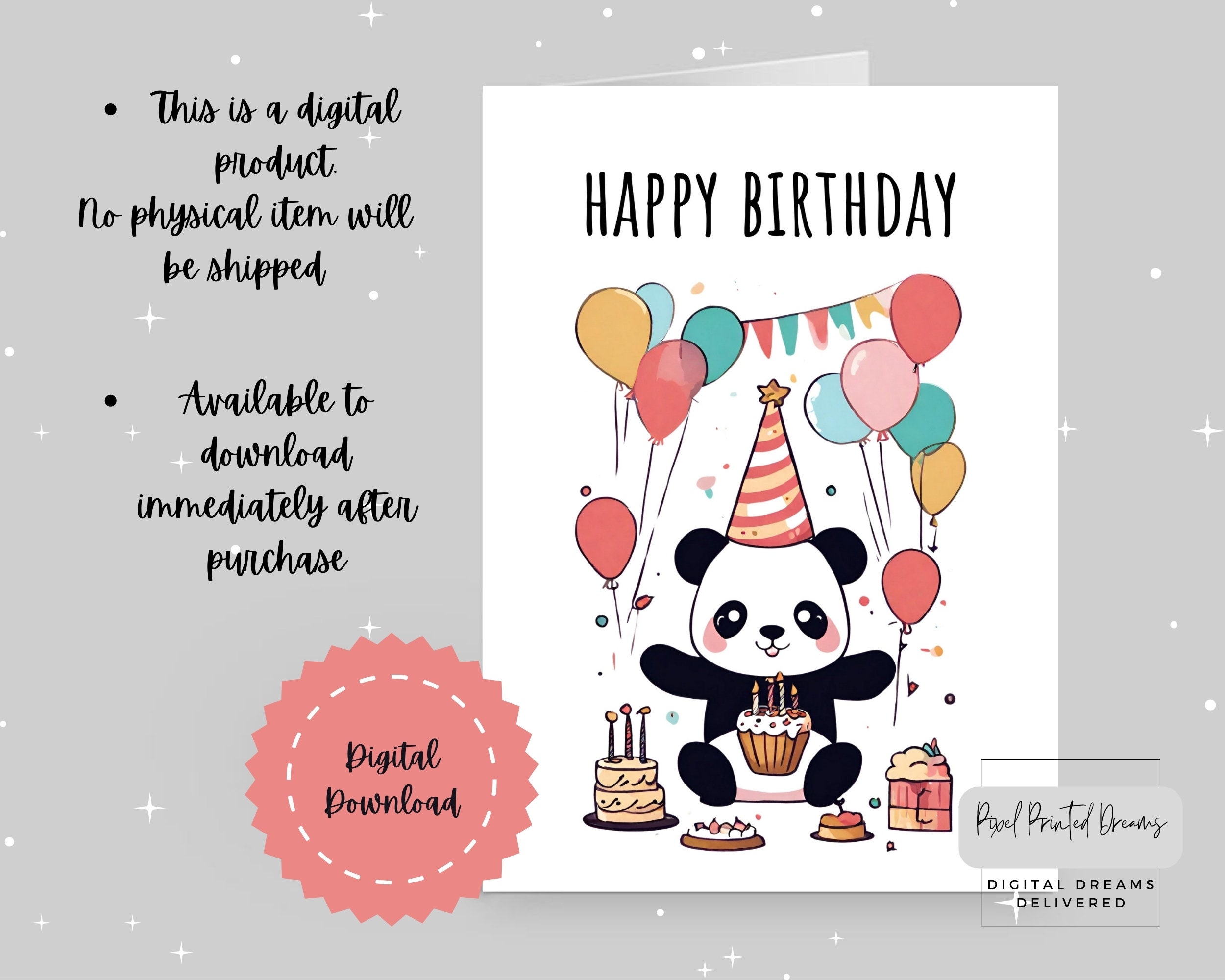 Panda Printable Birthday Card, Panda Digital Card, Panda Greeting Card ...