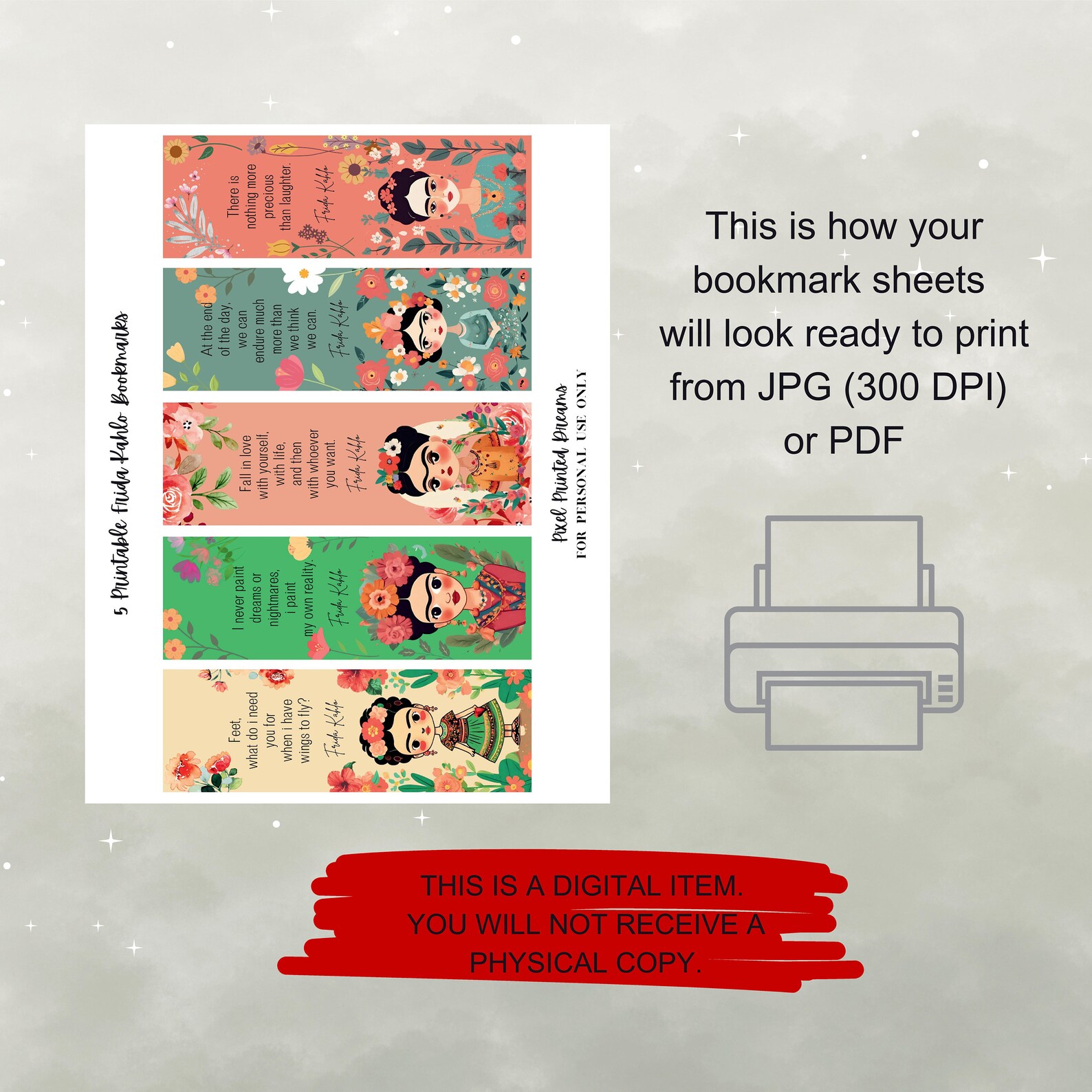 Frida Kahlo Printable Bookmarks Set of 5 Printable Bookmarks Instant ...