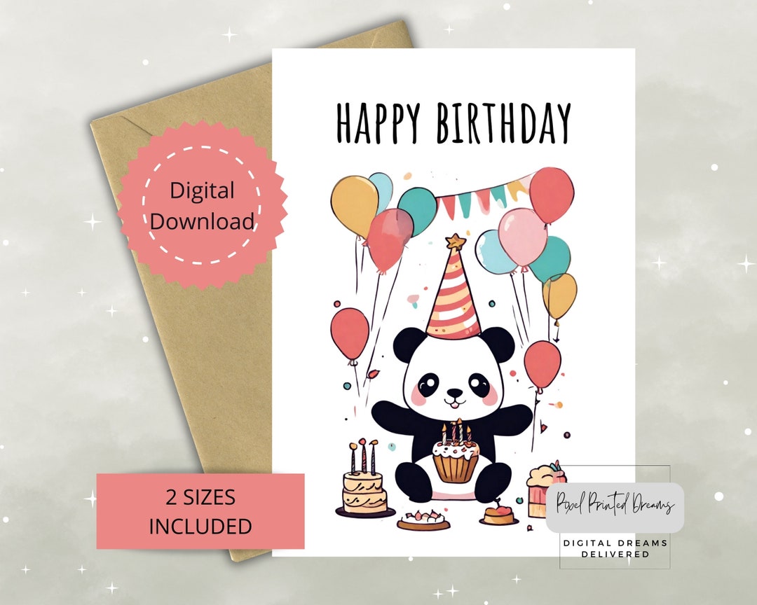 Panda Printable Birthday Card, Panda Digital Card, Panda Greeting Card ...
