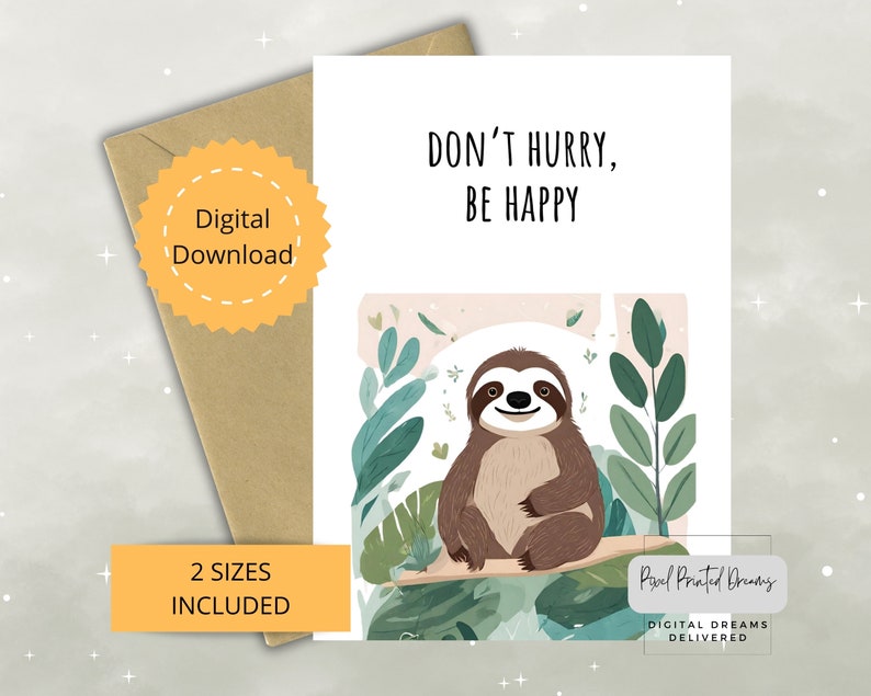 Cute Sloth Printable Card, Sloth Digital Card, Sloth Greeting Card, 5x7 ...